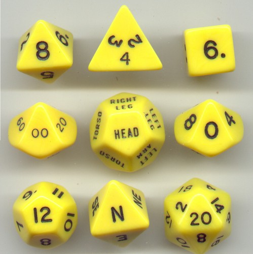 RPG Opaque Yellow Dice Cube 9pc D20, D12, D10, D8, D6, D4, Compass, Hit ...