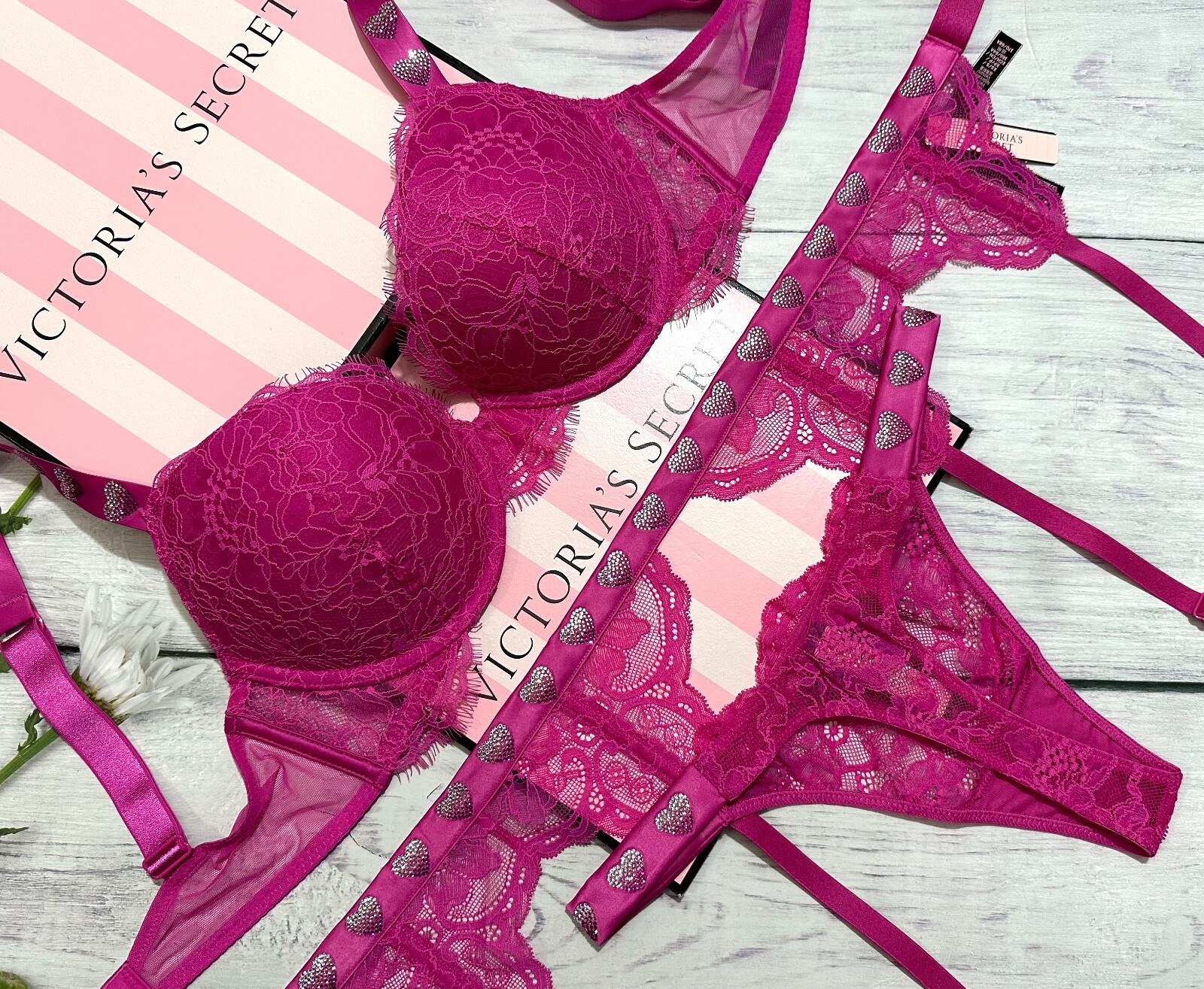 Victoria’s Secret Shine Strap Sexy Lace Hearts 3 piece Push-Up Bra Set ...