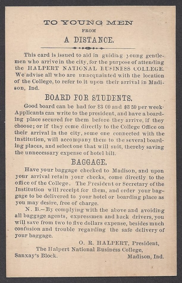 MADISON, IN ~ HALPERT BUSINESS COLLEGE ILLUS ADV TRADE CARD Centennial ...