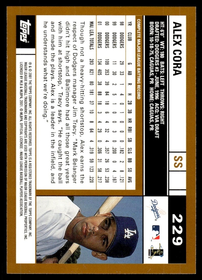2002 Topps Baseball Card Alex Cora Los Angeles Dodgers #229 | eBay