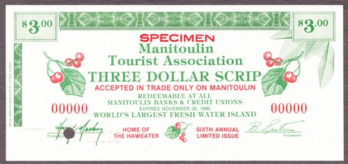 Canada 1990 Local Currency Manitoulin 3 Dollar Scrip SPECIMEN UNC | eBay