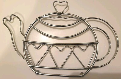 Vintage Trivet Wire Teapot shape Silver Tone Heartd Red Excellent ...