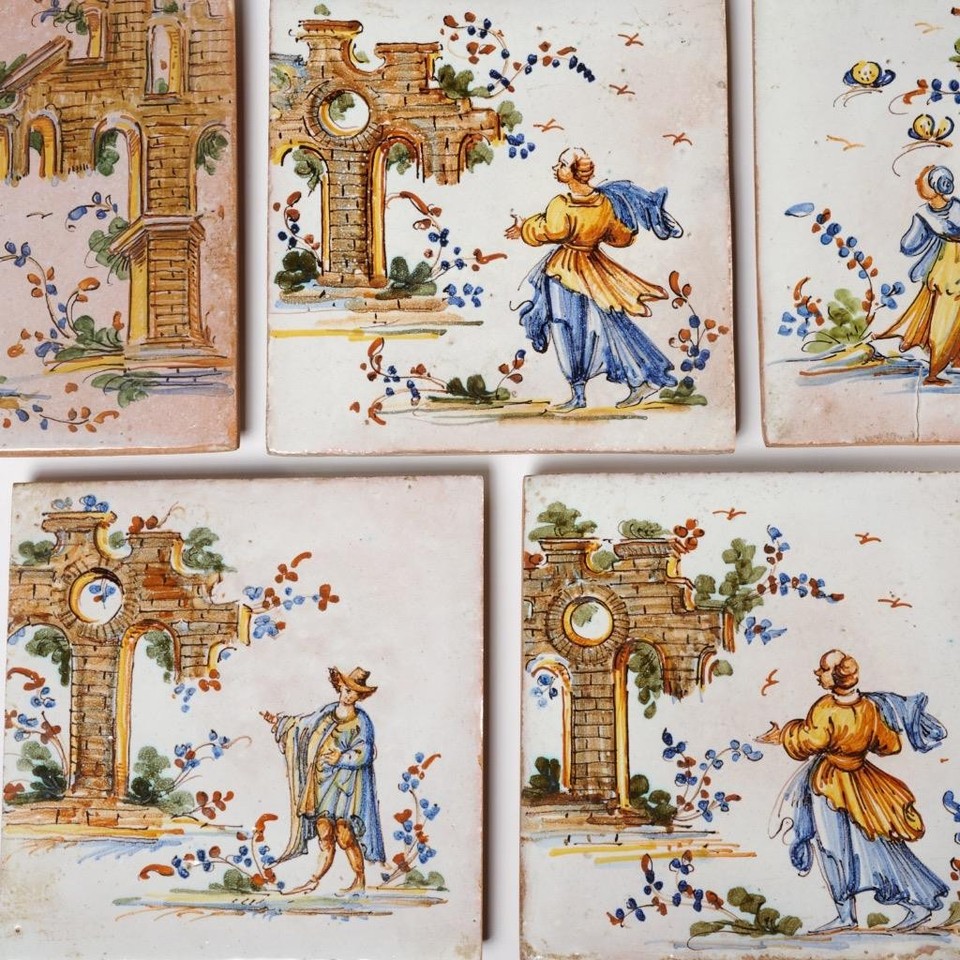 Rustic Hand Painted Italian Fresco Piazza Blue Yellow Square Tile 8pc ...