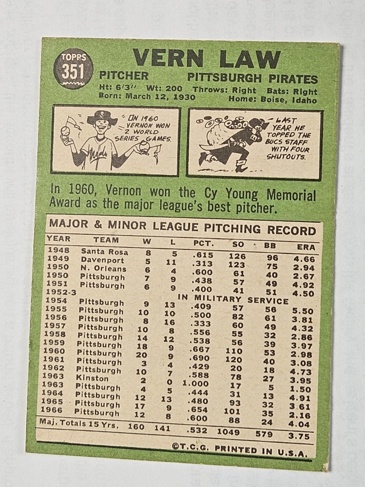 1967 Topps #351 Vern Law Pittsburgh Pirates EXCELLENT PLUS Actual card ...