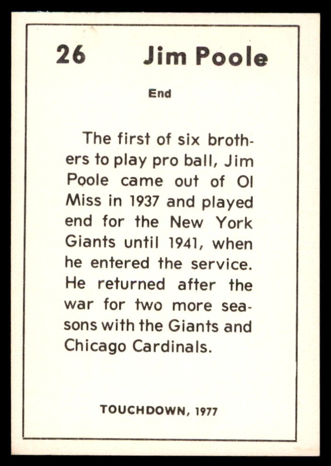 1977 TOUCHDOWN CLUB JIM POOLE NEW YORK GIANTS #26A | eBay