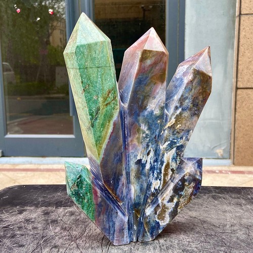 6.74LB Natural water grass agate column with multiple pointed quartz ...