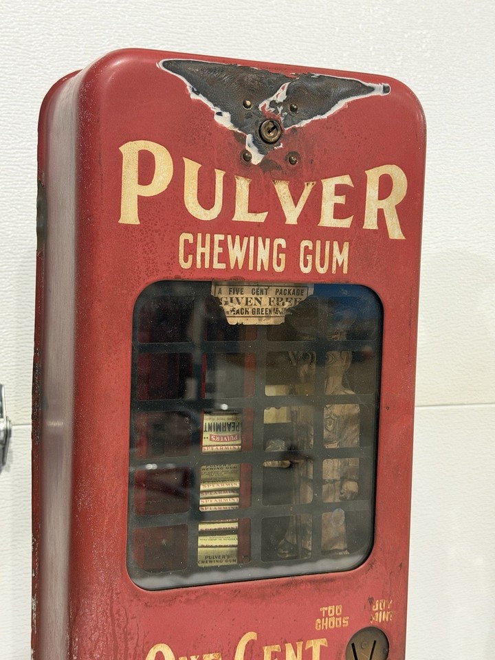 ANTIQUE PORCELAIN PULVER CHEWING GUM COIN OP ONE CENT MACHINE WITH COP ...