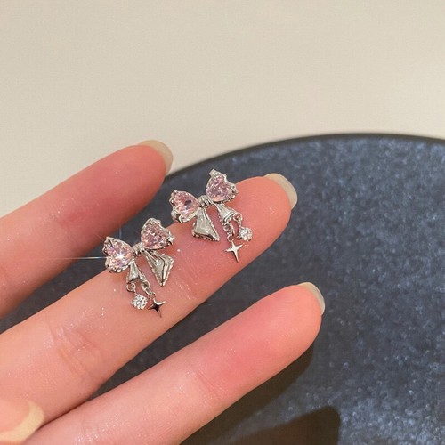Y2K Bowknot Zircon Stud Earrings For Women Fashion Silver Color Pink ...