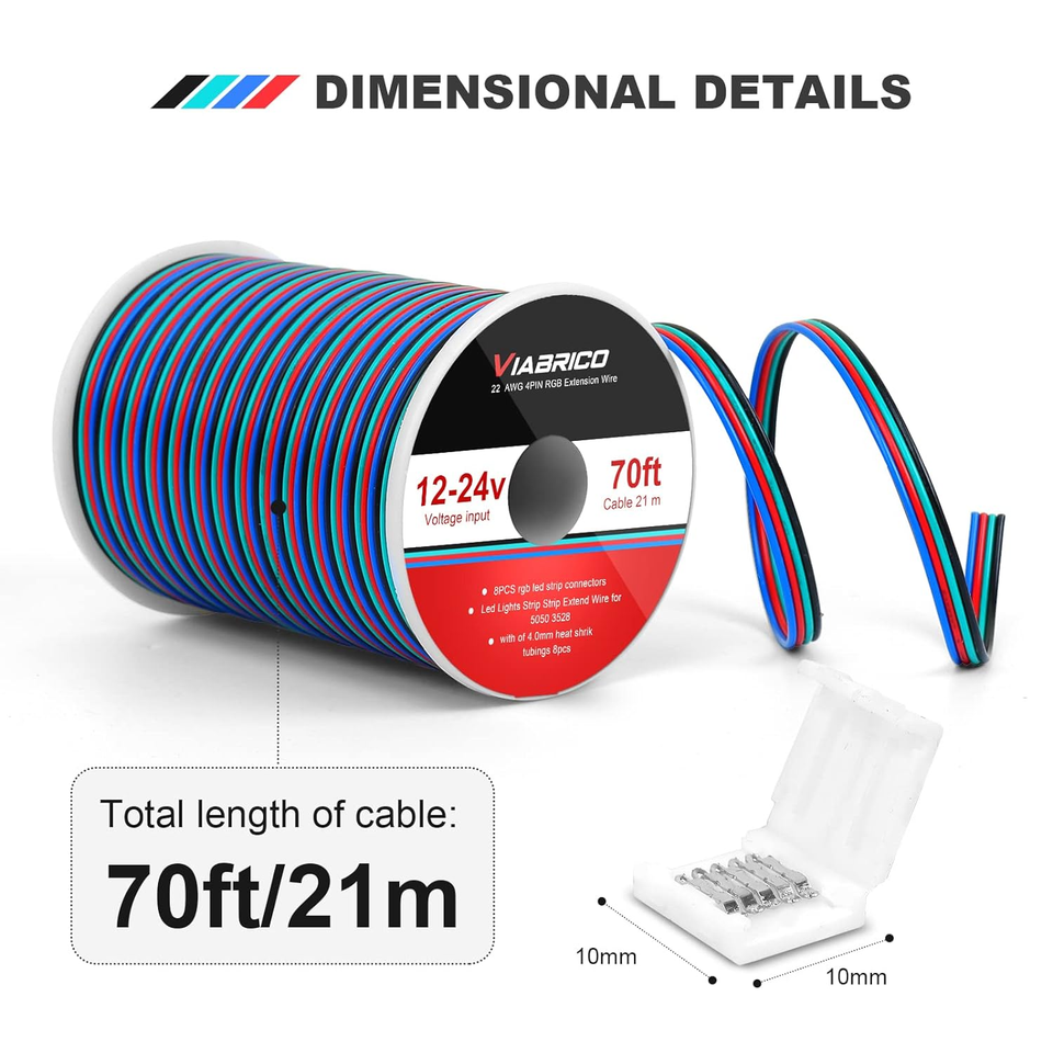 70FT 22 AWG 4Pin RGB Wire Extension Cable, with Spool and 8Pcs RGB Led ...