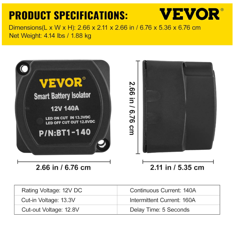 VEVOR Split Charge Relay Kit, 6mtr 12V, Automatic Dual Battery Isolator ...