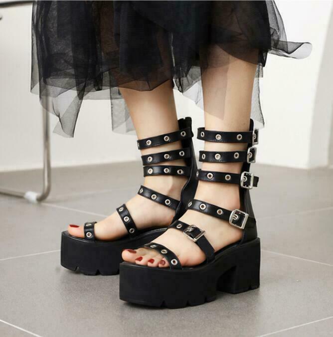 Women Summer Punk Hip Hop Wedge Heel Sandals Open Toe Buckle High Top ...