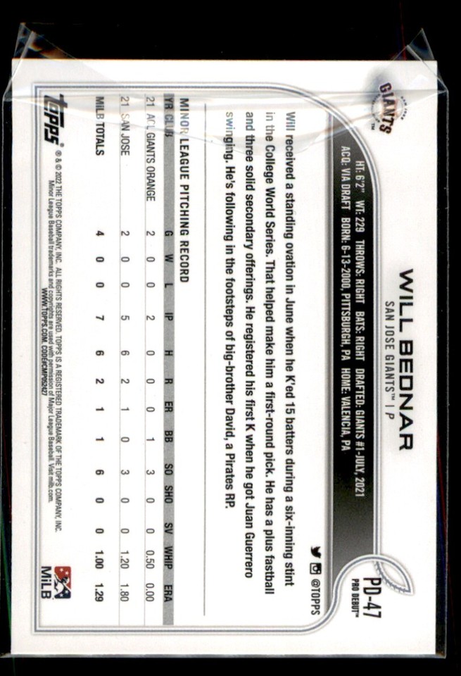 2022 TOPPS PRO DEBUT WILL BEDNAR SAN JOSE GIANTS #PD-47 | eBay