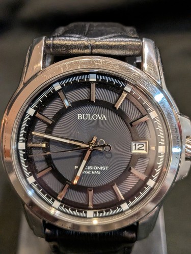 Bulova Precisionist Gray Dial Silver Tone Black Leather Band Men's ...