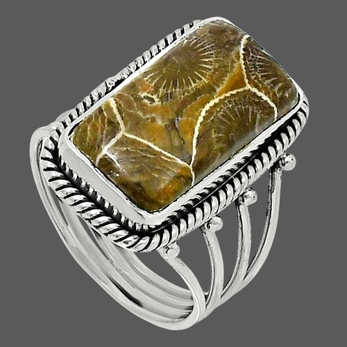 Premium Quality Flower Fossil Coral 925 Sterling Silver Ring s.9 ...