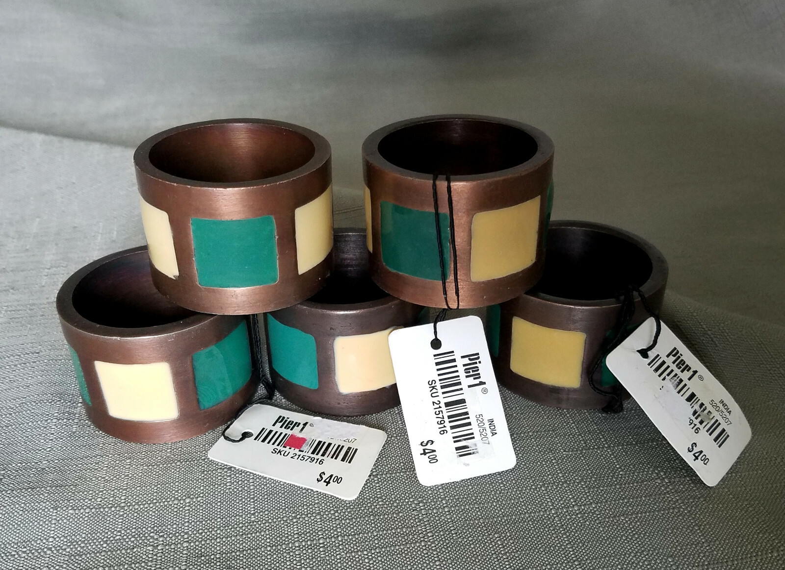 Pier 1 Napkin Rings (Bronze Green Yellow Inlay) set of 5 NEW! | eBay