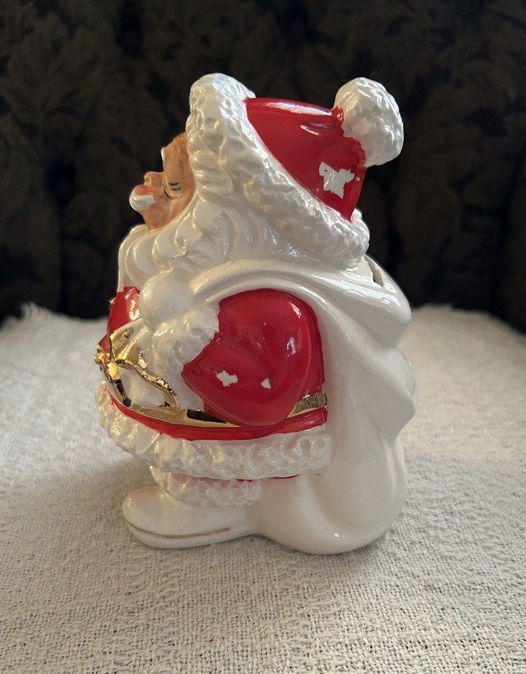 Vtg 1950s Spaghetti SANTA BANK Ceramic BLUE EYES Gold Trim Christmas ...