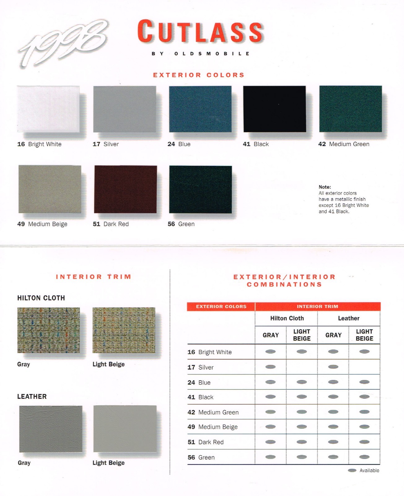 1998 OLDSMOBILE CUTLASS Color Chip Chart Paint Brochure w/ Leather's | eBay