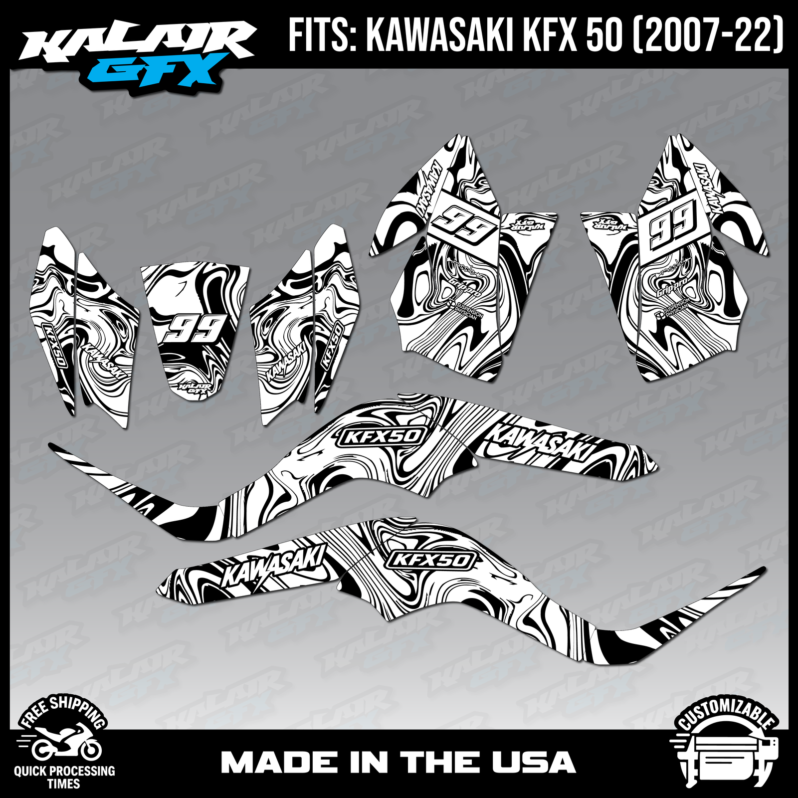 Graphics Kit for Kawasaki ATV KFX50 (2007-2022) Snagged-White (16 Mil ...