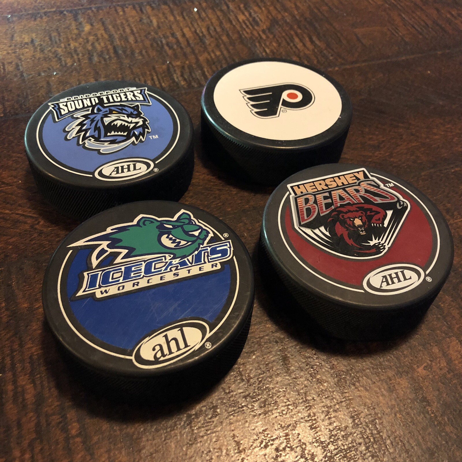 Lot Of 4 Vintage Hockey Pucks Souvenir AHL NHL Flyers Icecats Bears ...