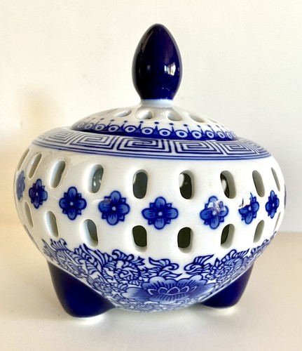Bombay Incense Burner Potpourri Votive Holder Bowl W/Lid Blue & White 6 ...
