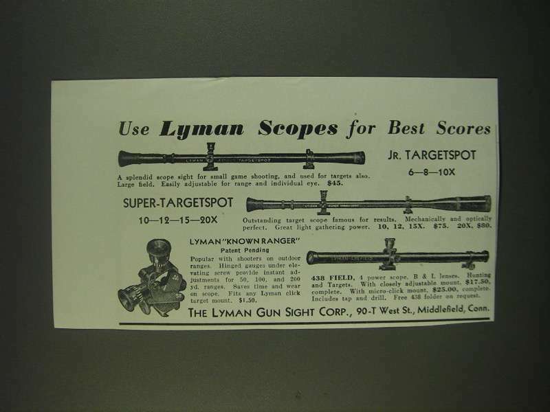 1940 Lyman Junior Targetspot, Super-Targetspot and 438 Field Scopes Ad ...