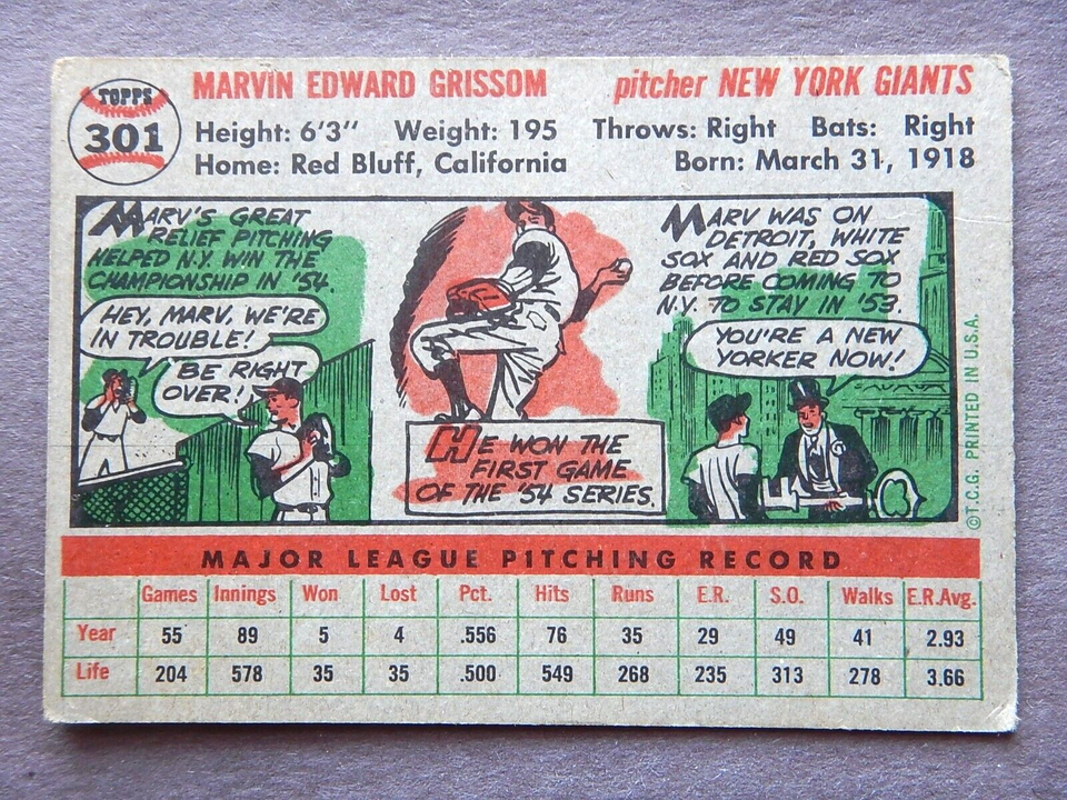 Marv Grissom #301 Topps 1956 Baseball Card (New York Giants)* | eBay