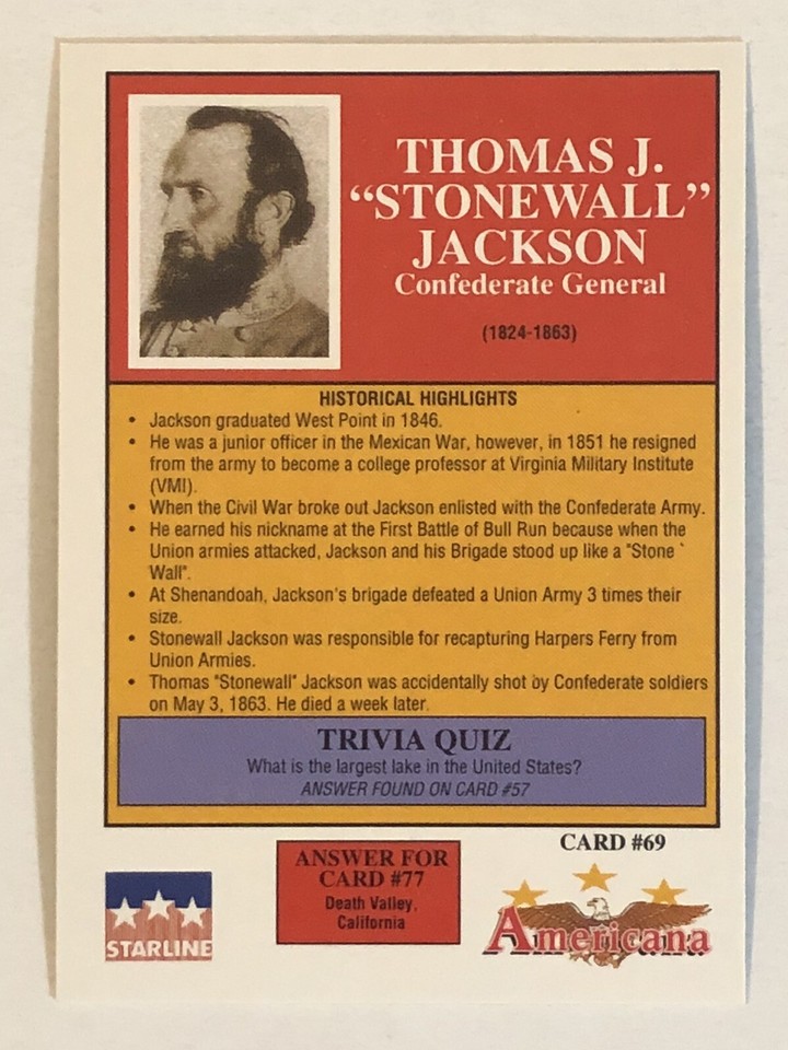 Stonewall Jackson Americana Trading Card Starline #69 | eBay