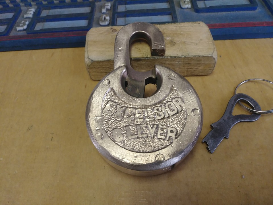 antique/vintage EXCELSIOR 6 lever push key pancake padlock w/key long ...