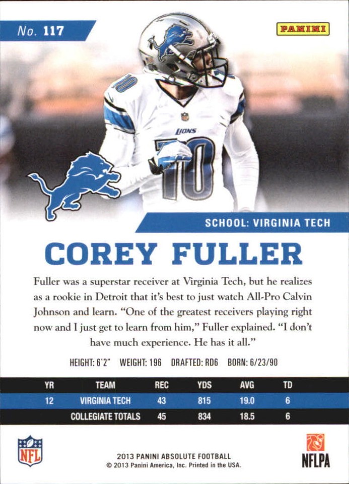 2013 Absolute Football Card #117 Corey Fuller/499 Rookie | eBay