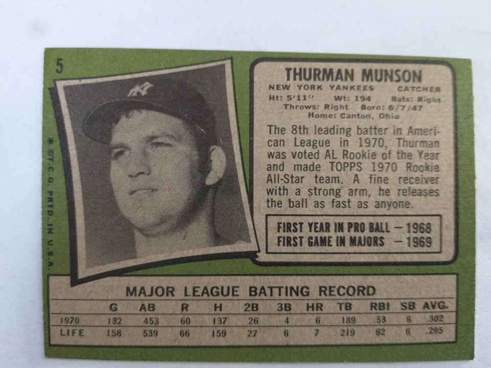 Baseball card Vintage Thurman Munson 1971 All-star Rookie | eBay
