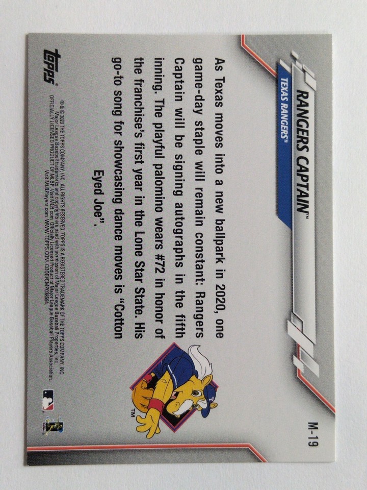 Rangers Captains 2020 TOPPS OPENING DAY MASCOT CARD #M-19 TEXAS RANGERS ...