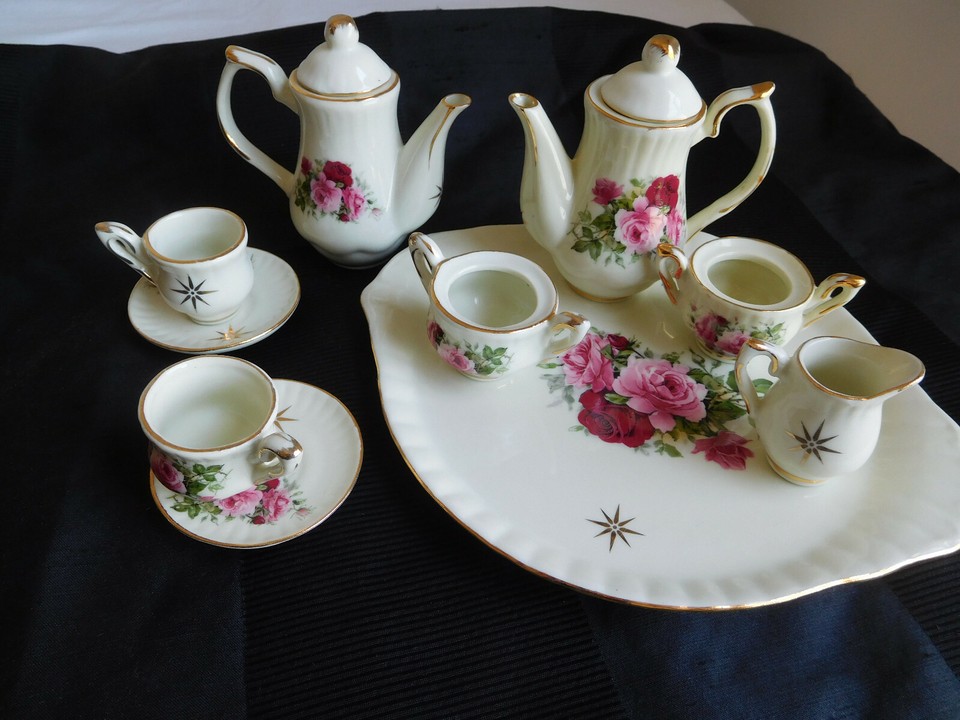 10 piece Miniature mini ROSES & STAR SUN BURST TEA SET vintage ...