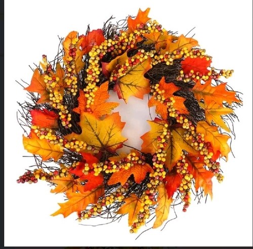 17.5" Fall Wreath, Centerpiece Yellow & Red Leaves, Berries, Maple ...