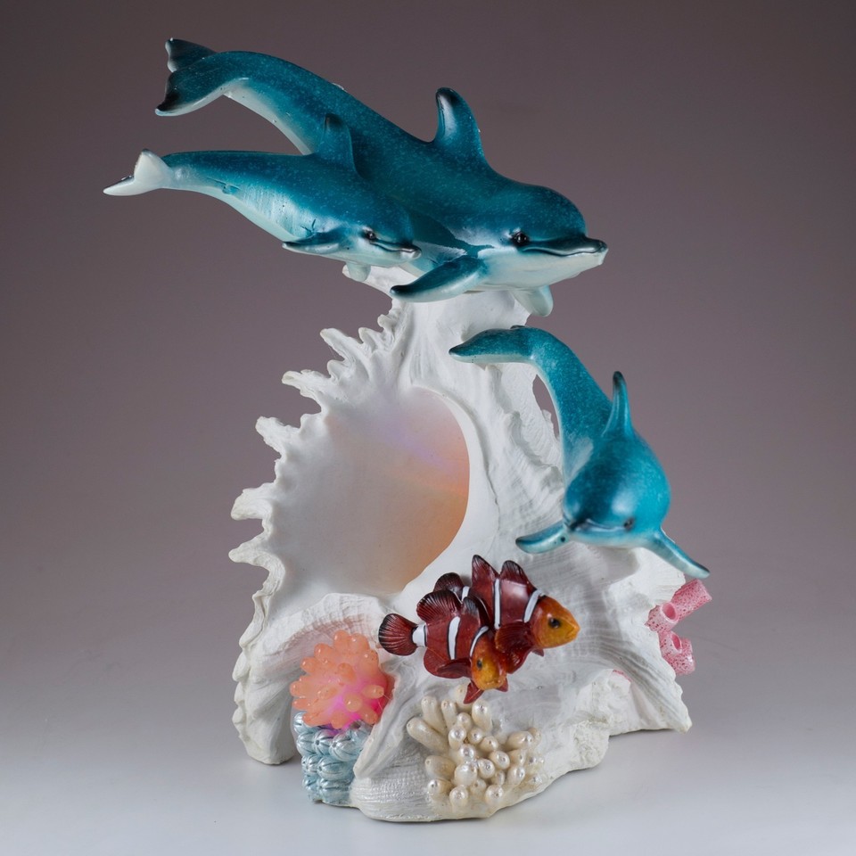 Blue Dolphins & Clown Fish Swimming Over LED Conch Shell Figurine ...
