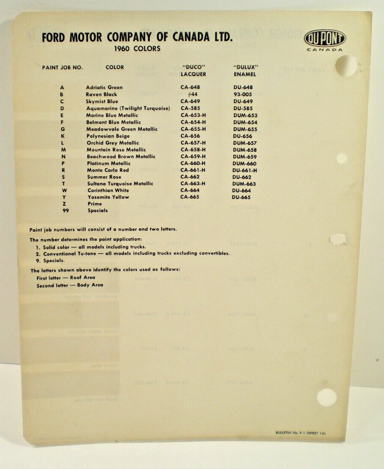 1961 FORD CANADA CAR COLOR CANADIAN PAINT CHIP DUPONT SAMPLES CHART | eBay