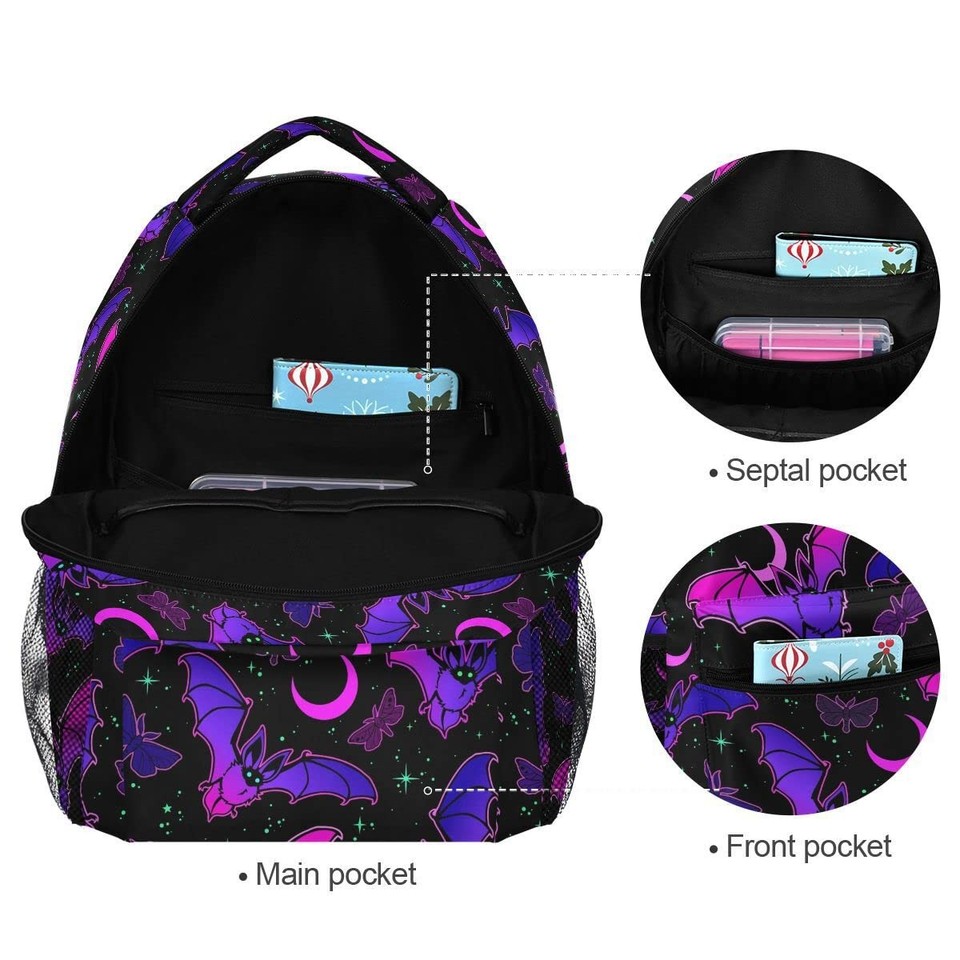 Student School Bag Purple Bat Gothic Backpack for Girls Boys College ...