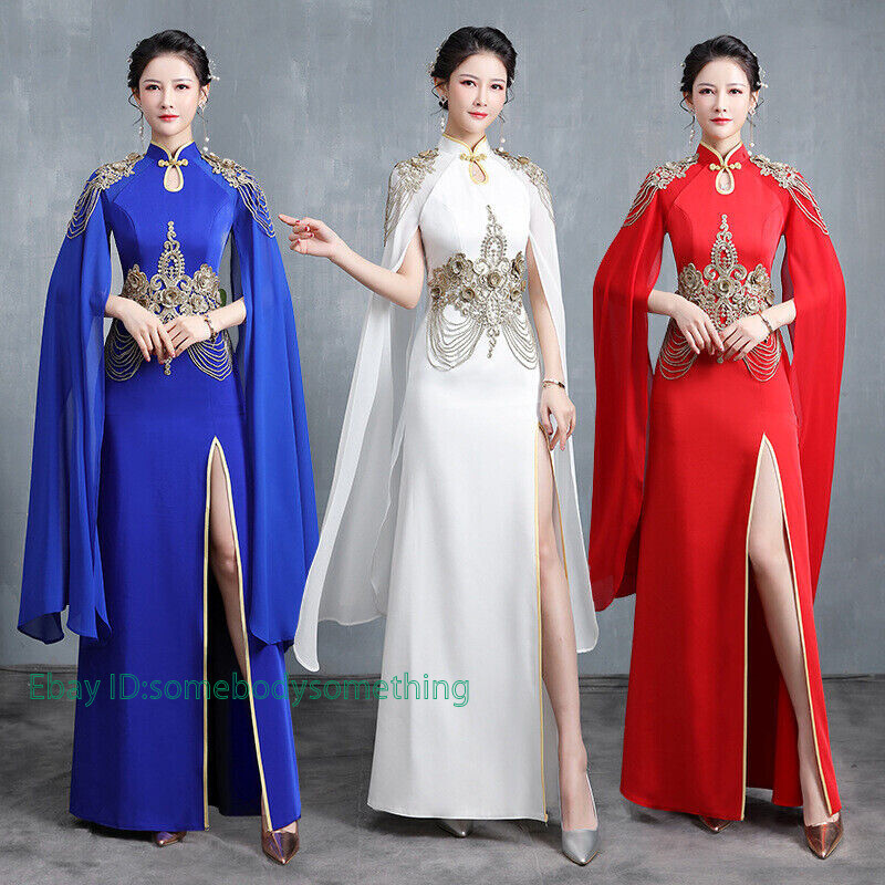 Womens Chinese Improved Cheongsam Embroidery Floral Qipao Split Sleeves ...