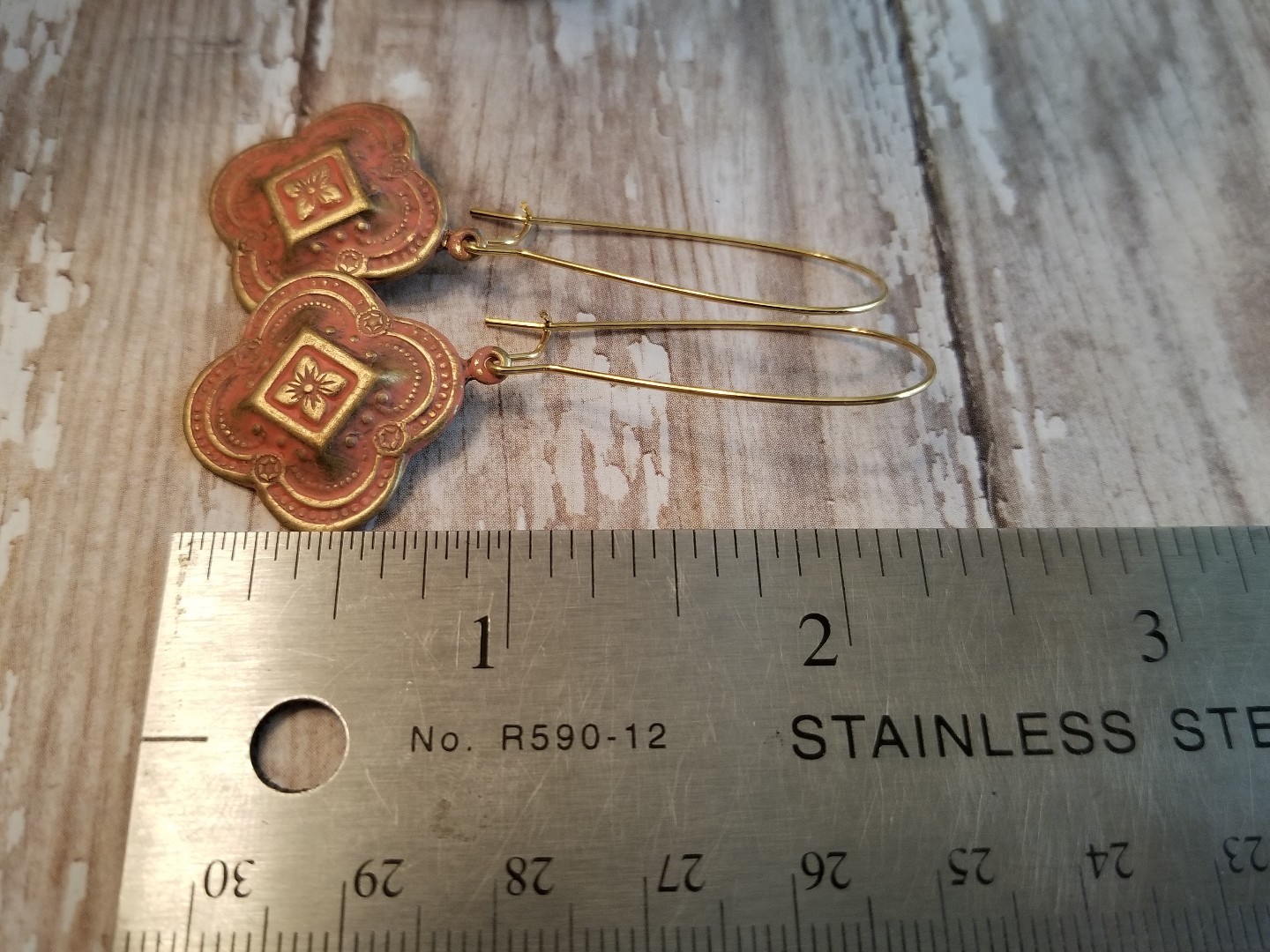 Quatrefoil dangle earrings, coral patina gold bohemian gypsy concho ...