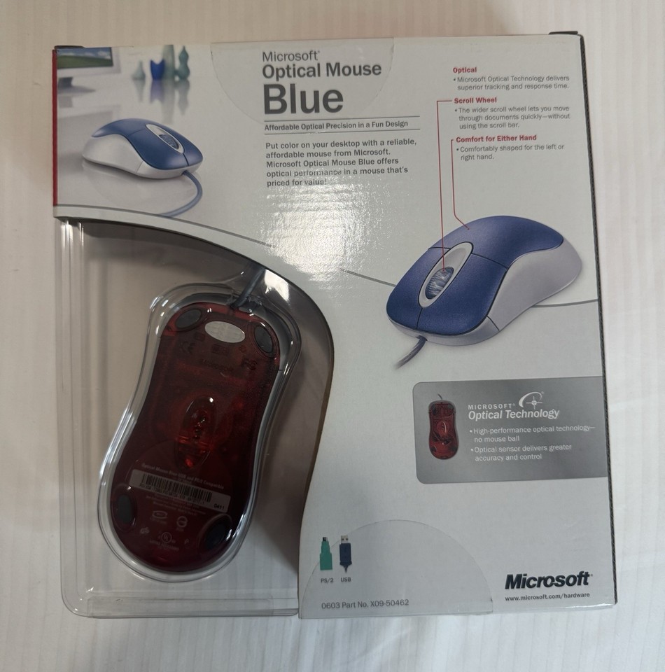 Vintage Microsoft Scroll Wheel Optical Mouse Blue Improved Rare New ...