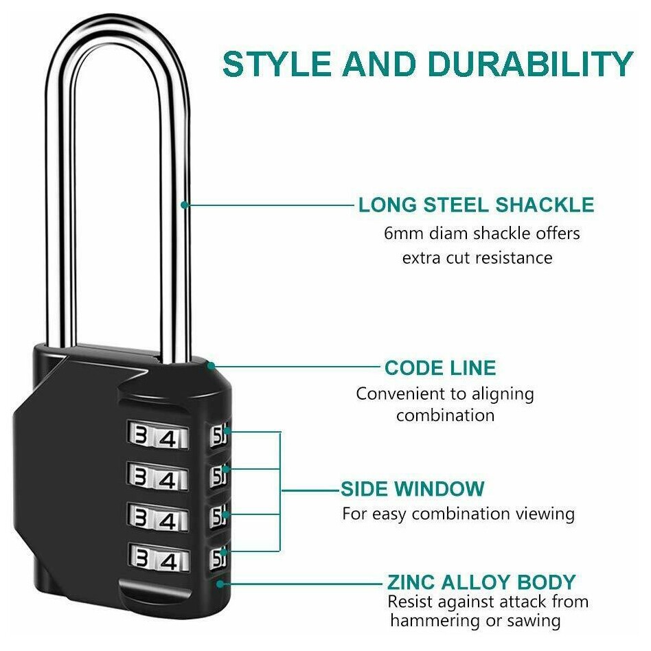 2X Padlock Extra Long Shackle Loop 4 Digit Number Combination Lock ...