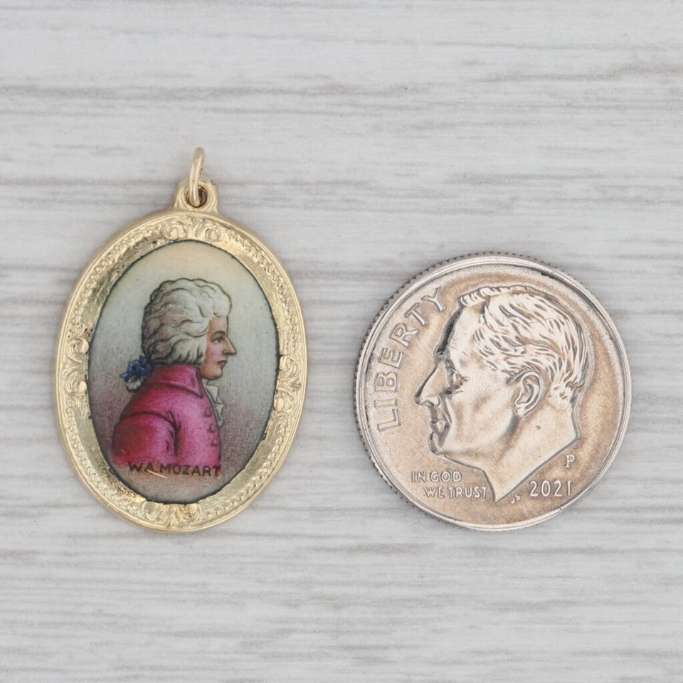 Mozart Portrait Enamel Pendant 14k Yellow Gold Charm European Hallmarks ...