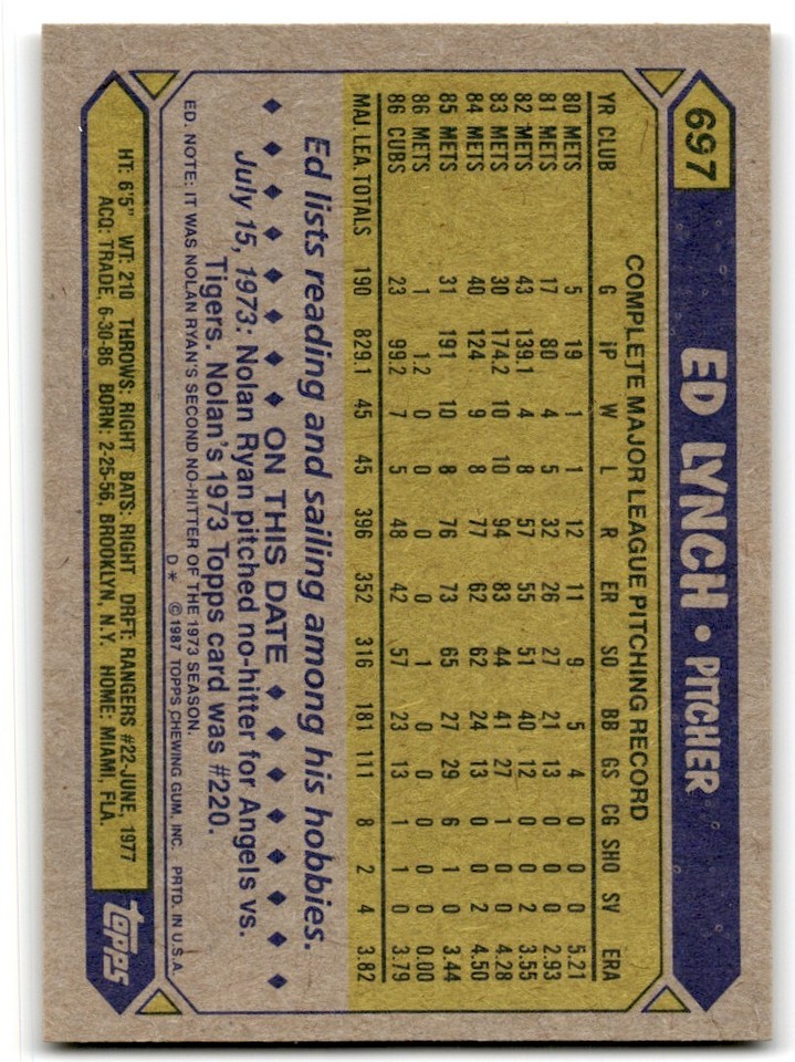 1987 Topps Ed Lynch c Chicago Cubs #697 | eBay