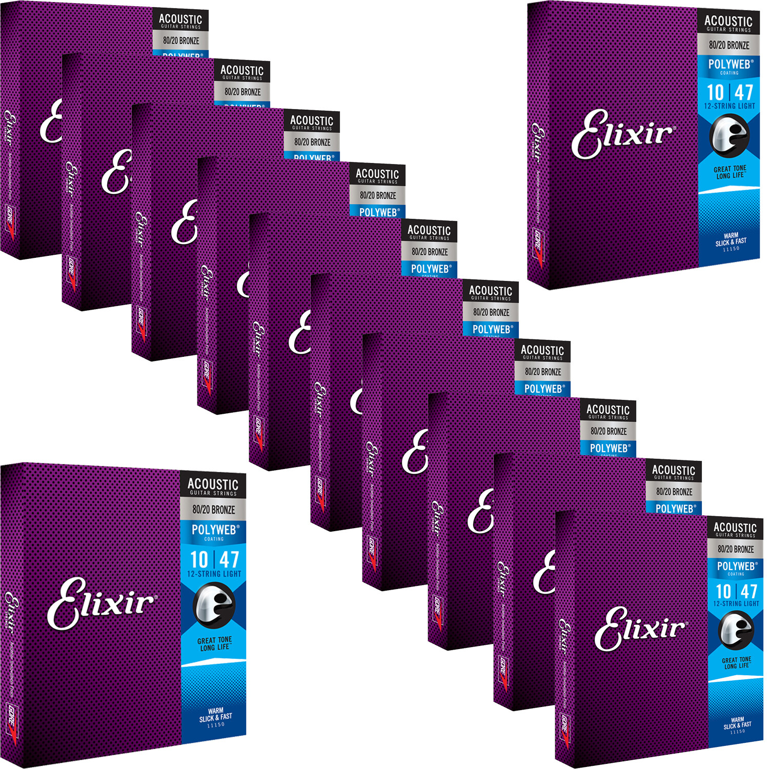 12 Sets Elixir 11150 12-String 80/20 POLYWEB Light Acoustic Guitar ...