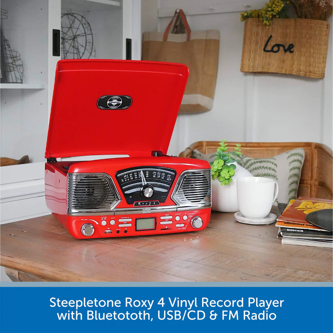 Steepletone Roxy 4BT Retro Style Vinyl Record Player Bluetooth CD Music ...