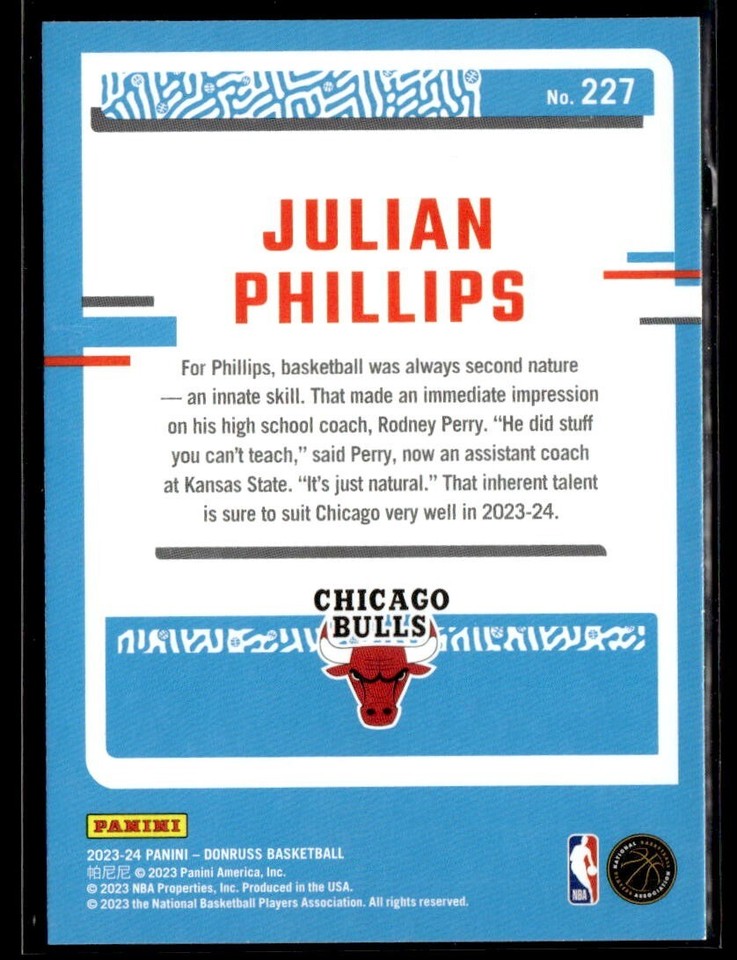 2023-24 Panini Donruss Julian Phillips Rated Rookie RC #227 Chicago ...