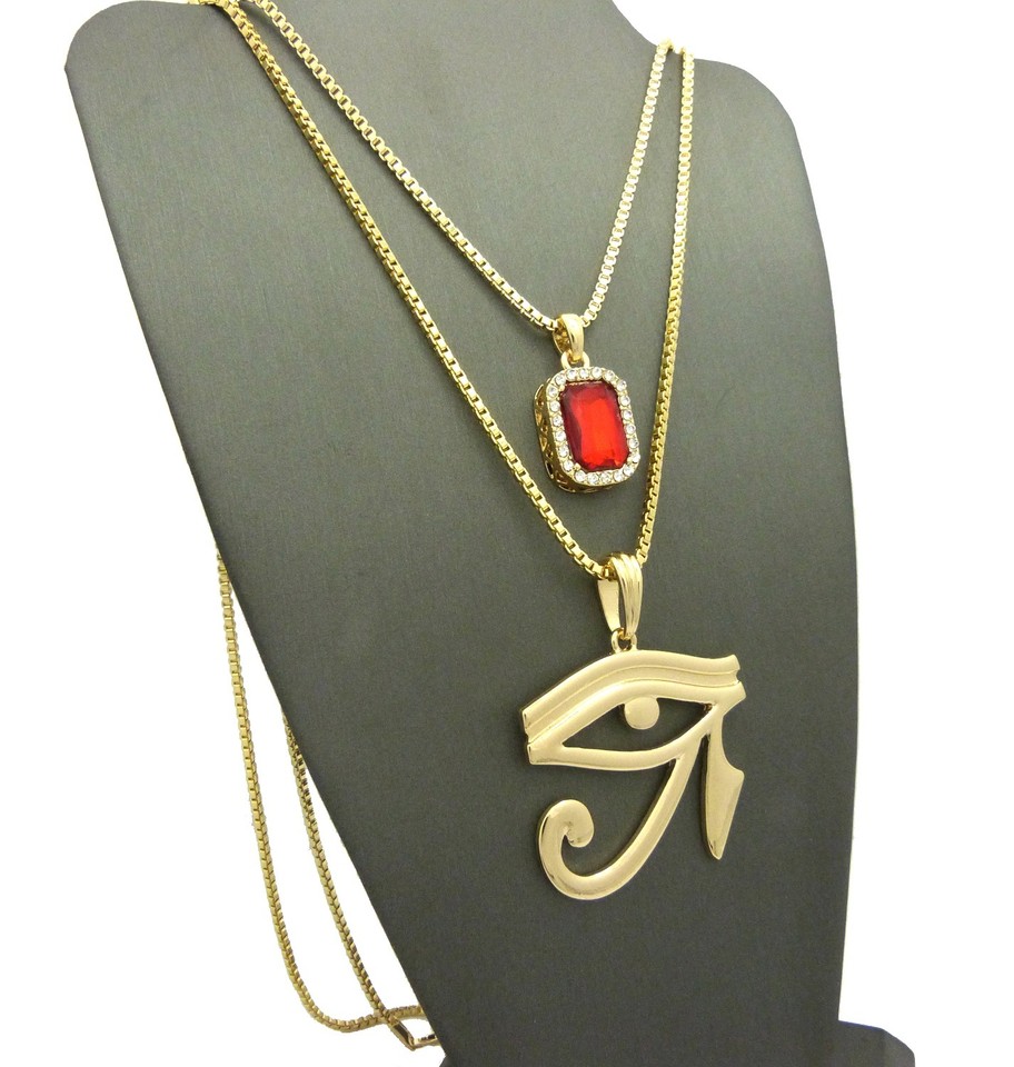 Gemstone, Eye of Horus Pendant 24",30" Box Chain Hip Hop 2 Necklace Set ...