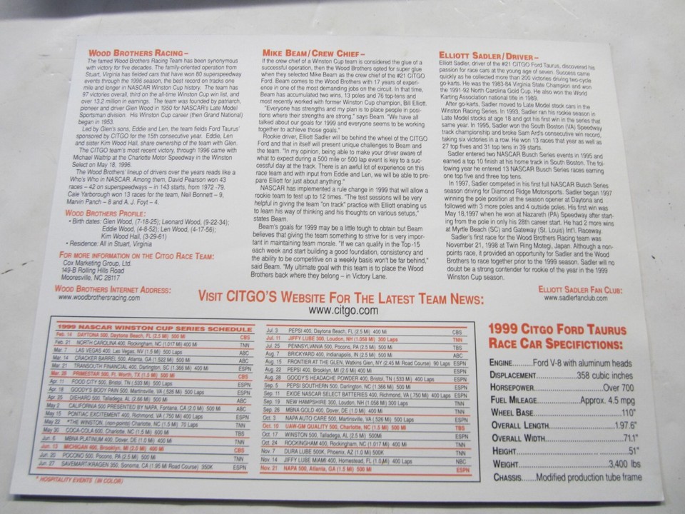 NASCAR 1999 Elliott Sadler #21 CITGO Ford Taurus Racing Handout | eBay