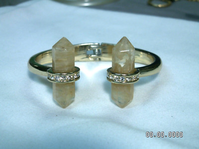 ...Gold Tone, Crystals, Quartz Power Stone Ends Hinge Cuff Bracelet ...
