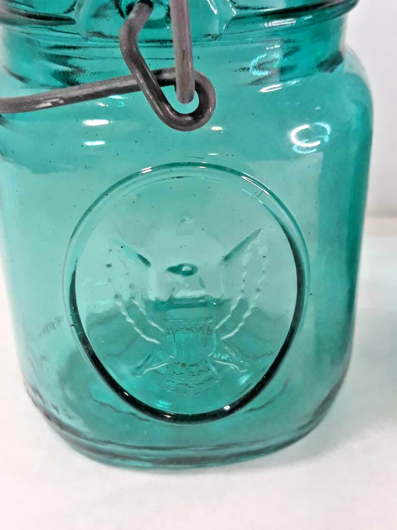 Vtg Set of 3 Ball Aqua Blue Glass Lid Wire Bail Sure Seal Ideal Jars ...