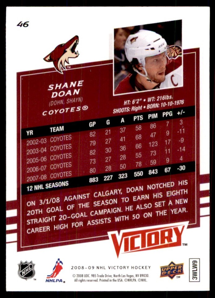 2008-09 Upper Deck Victory Shane Doan Phoenix Coyotes #46 LP | eBay